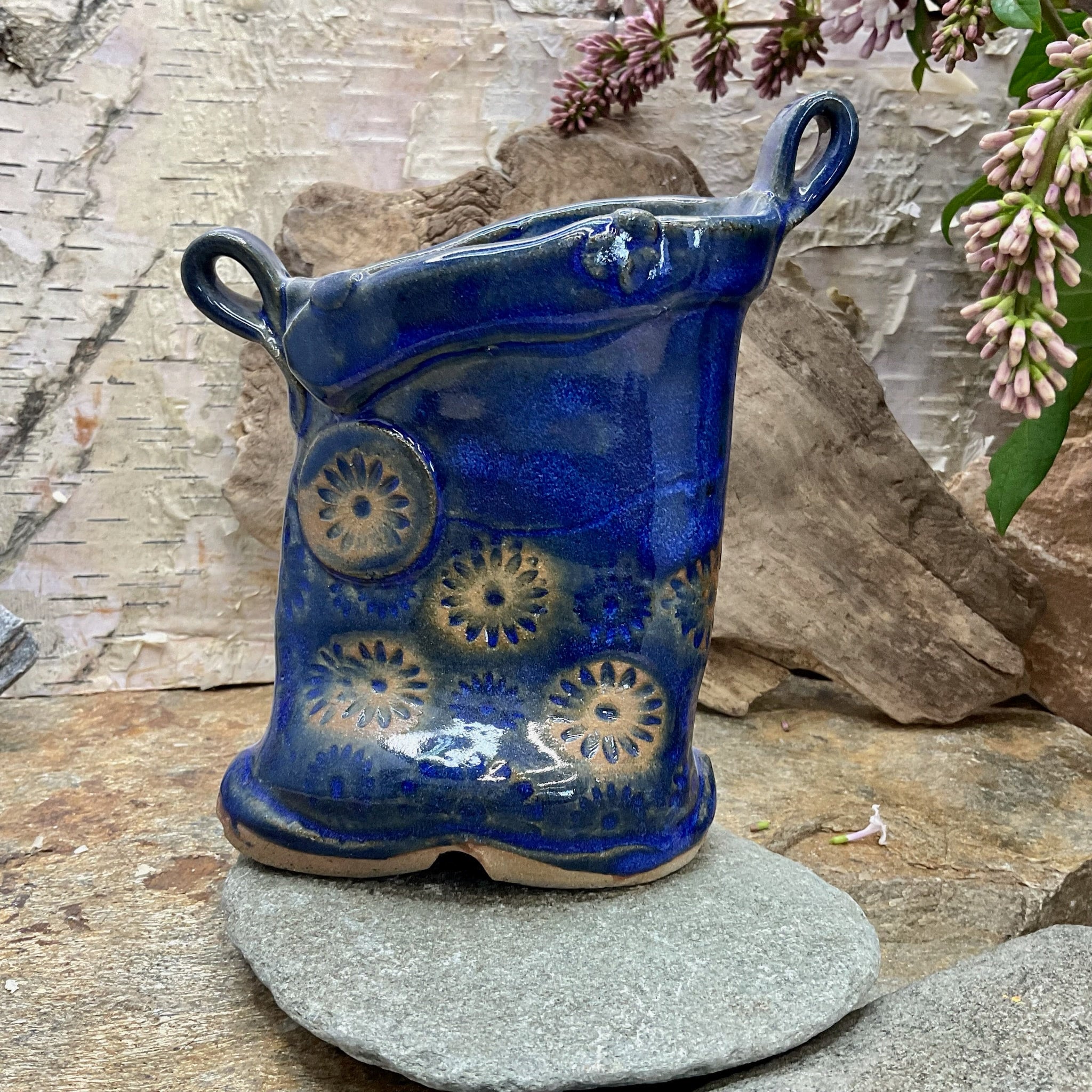 Copper Kiln Pottery- Blue with Flower Stamps Vase #40 | Northern Whimsy ...